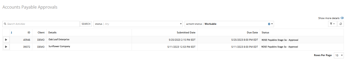 Click the “Play” button (arrow) on the left side of the record row. This will open the payable ...