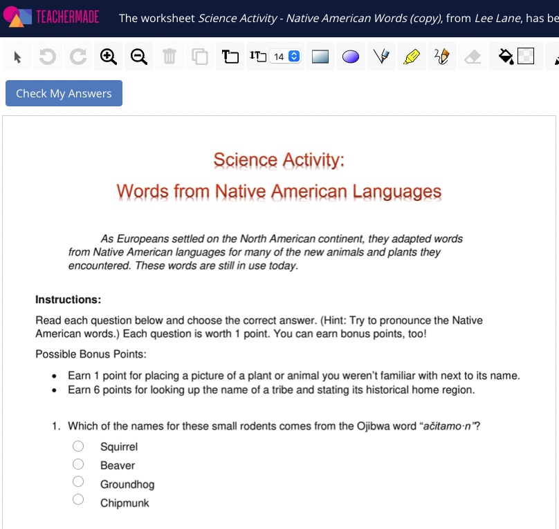 Free Native American History Activity: Plants and Animal Names from ...